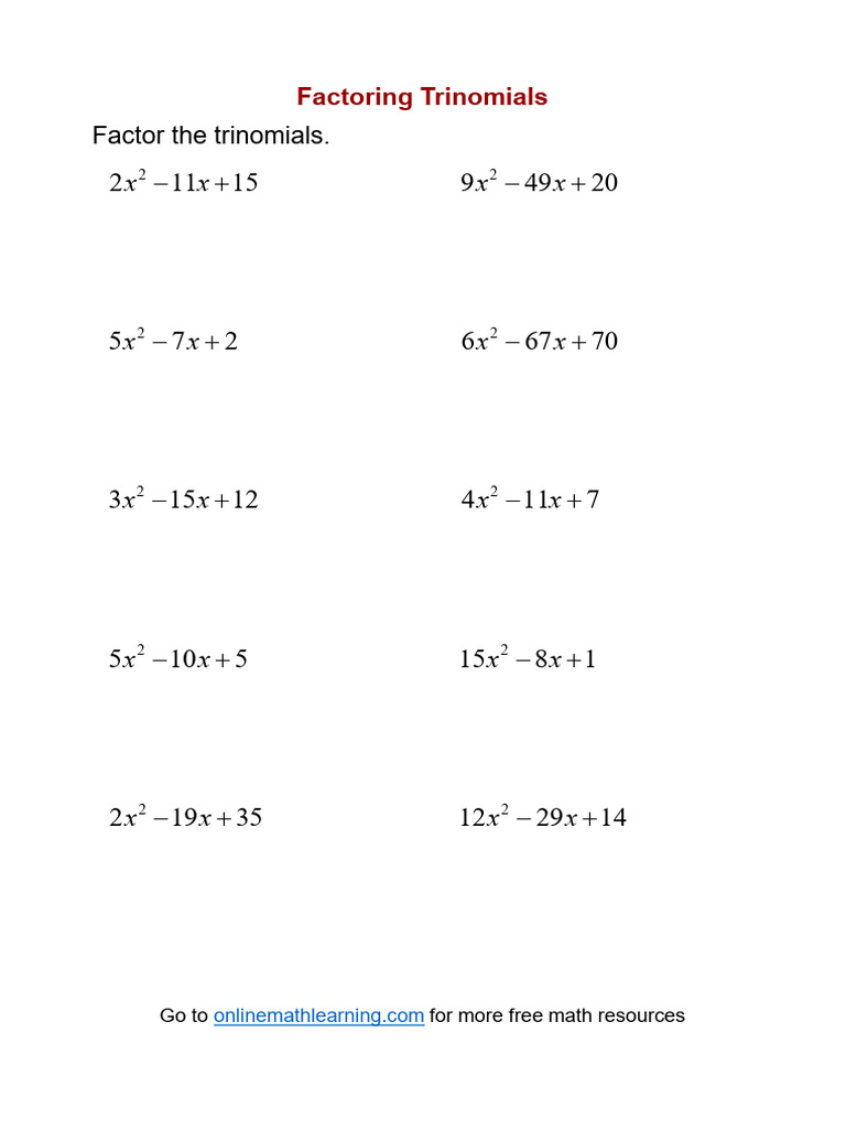 Factor Trinomials Worksheet2 | PDF