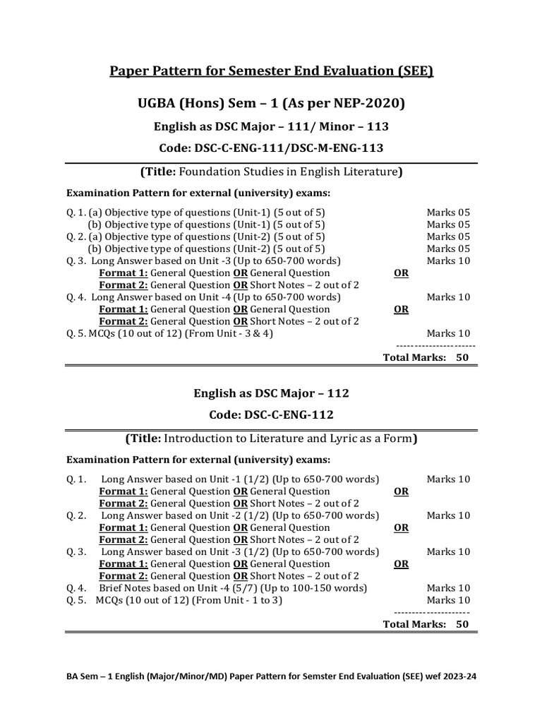 Paper Pattern BA 1 English Major Minor MD | PDF | Data Collection ...