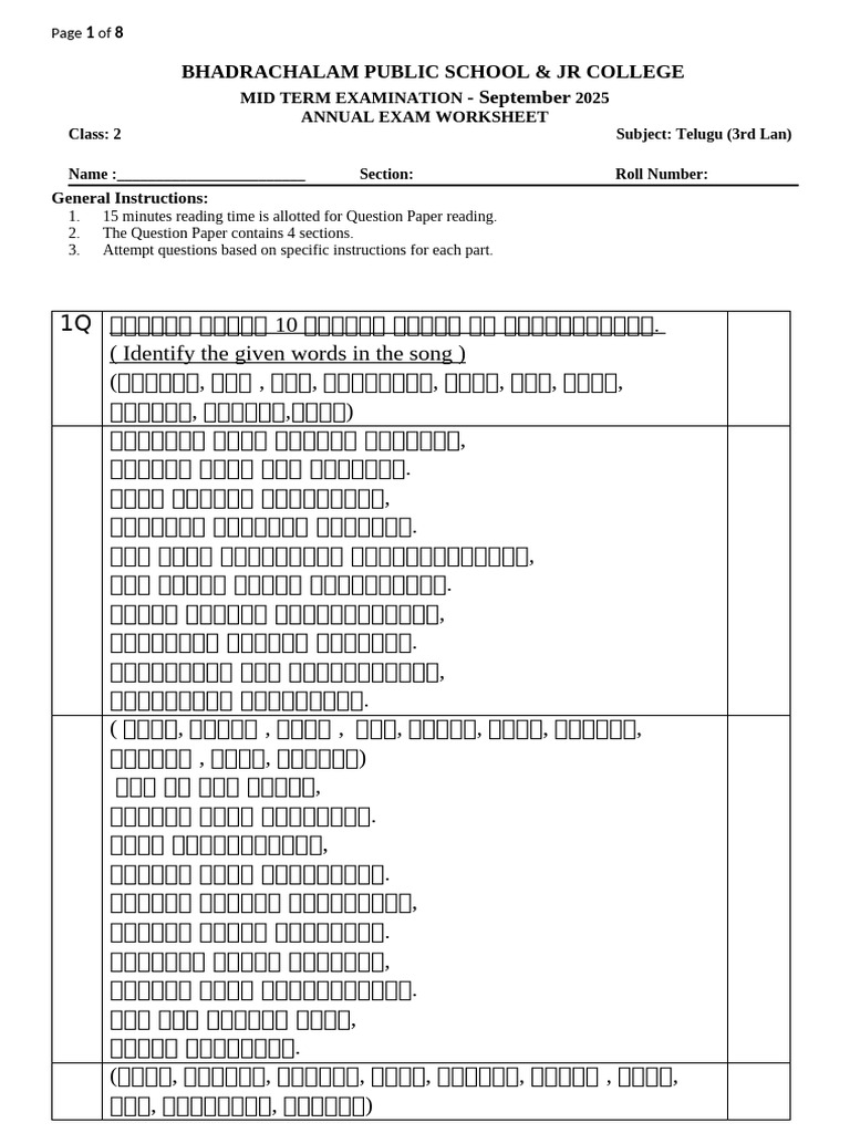 Annual Exam Practise Sheet Grade 2 (3rd Lan) OK | PDF