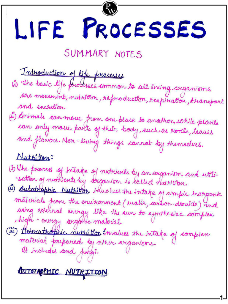 Life Processes Complete Combined Notes | PDF