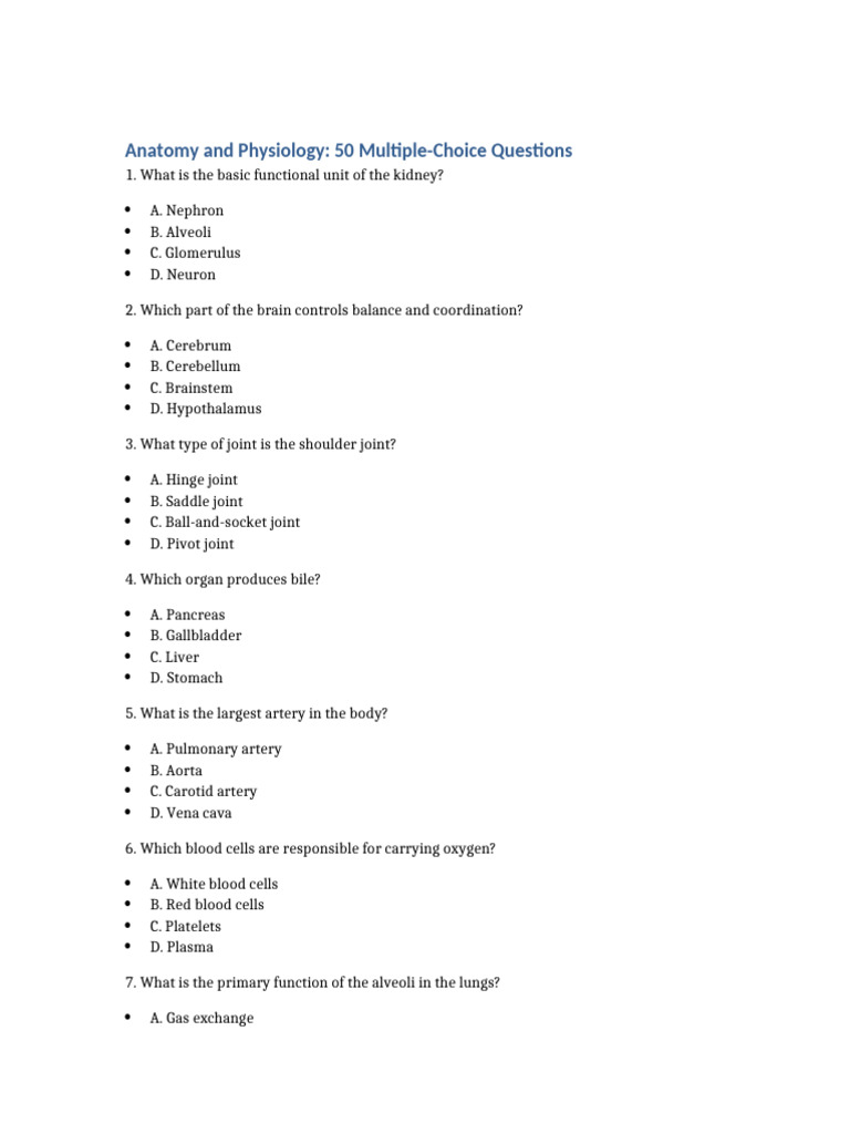Anatomy Physiology 50Q MCQ | PDF | Human Body | Blood