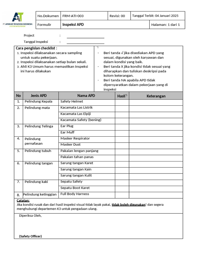 Formulir Inspeksi APD (All APD) | PDF