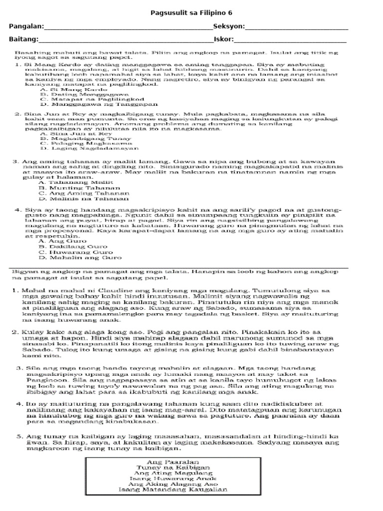 Pagsusulit Sa Filipino 6 | PDF