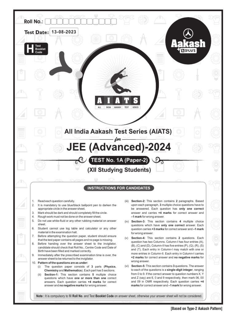 AIATS-1A Paper-2 (XII Studying) 13.08.2023 Aakash Pattern Type-2 ...