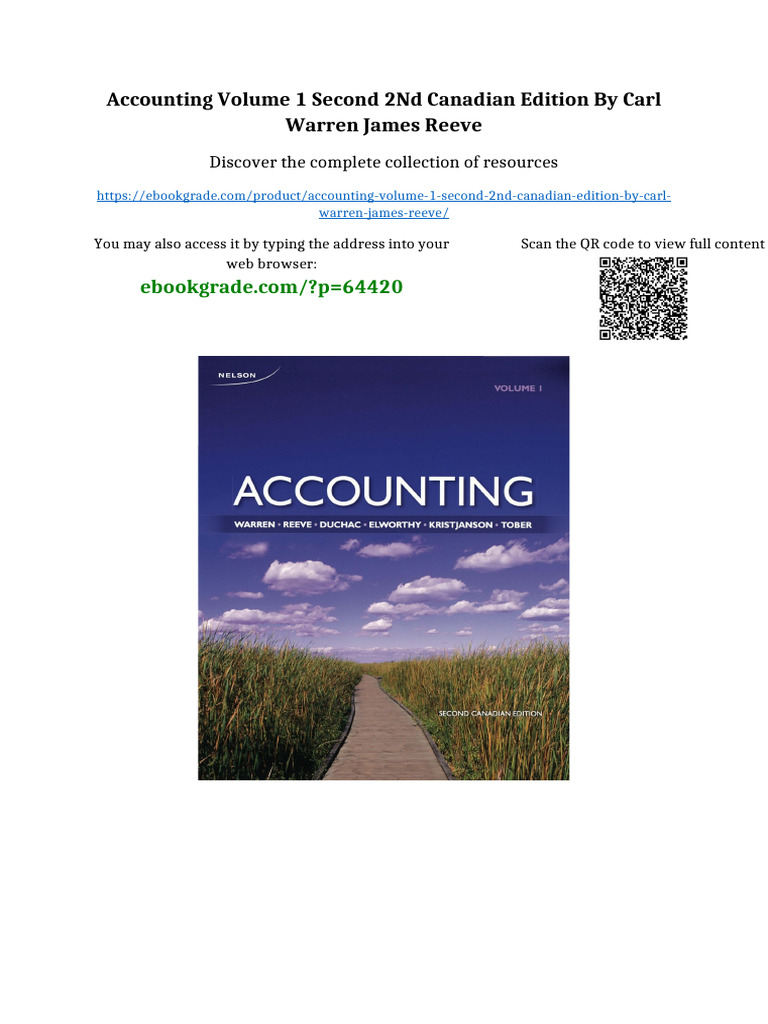 Accounting Volume 1 Second 2nd Canadian Edition by Carl Warren James ...