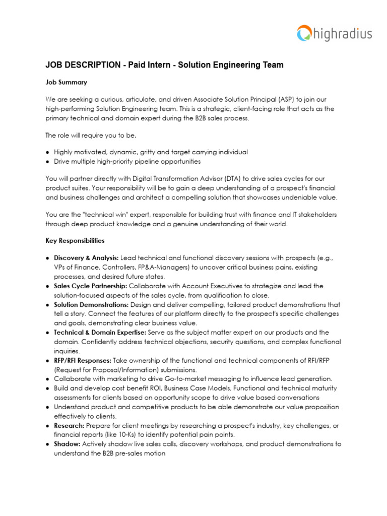 JOB DESCRIPTION - Paid Intern - Solution Engineering Team | PDF ...
