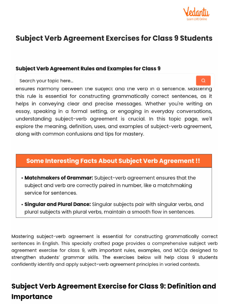 Subject Verb Agreement Exercises For Class 9 Students | PDF