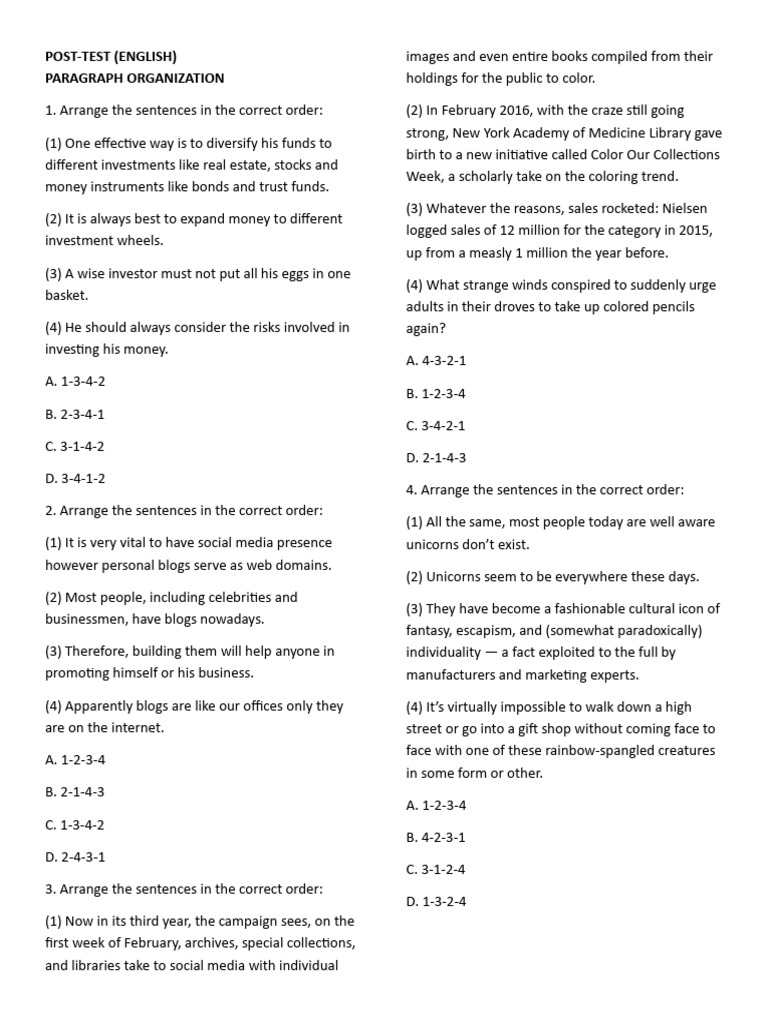 Word Organization and Reading Comprehension (Post-Test With Answer Key ...