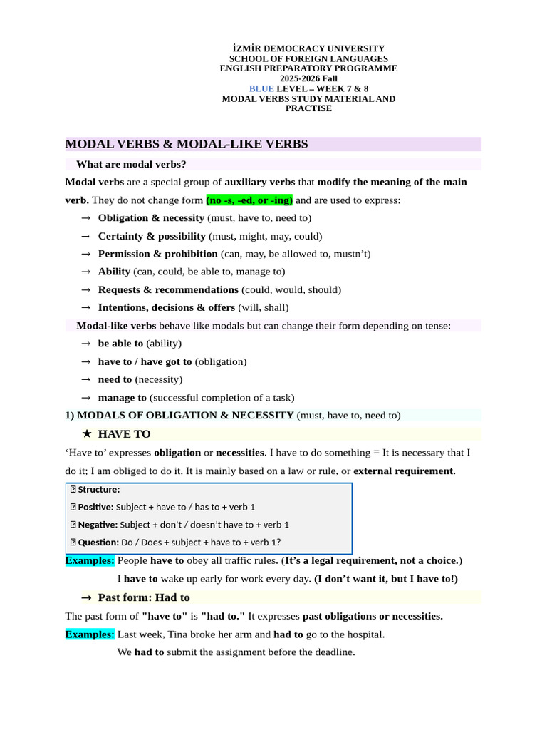 MODAL VERBS - Study Material & Exercises | PDF | Verb | Syntax