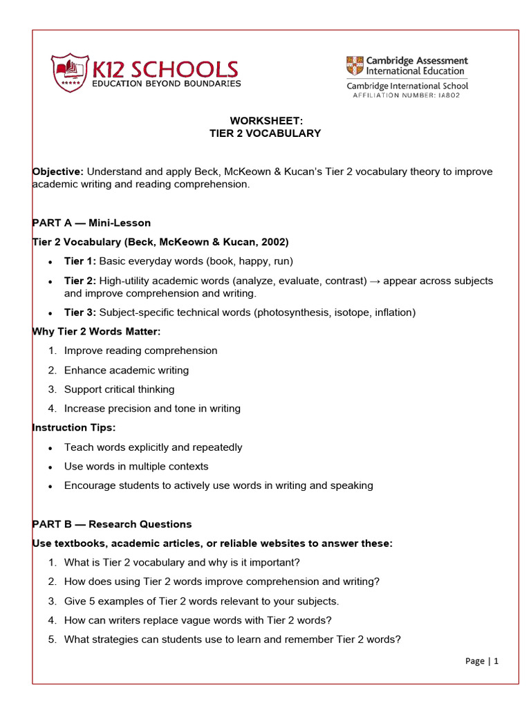 Worksheet Tier2 | PDF | Reading Comprehension | Vocabulary