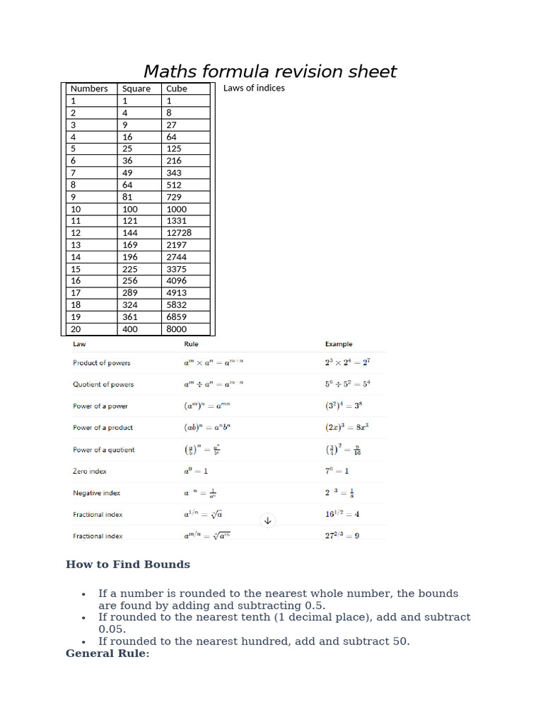 Maths Formula Revision Sheet | PDF