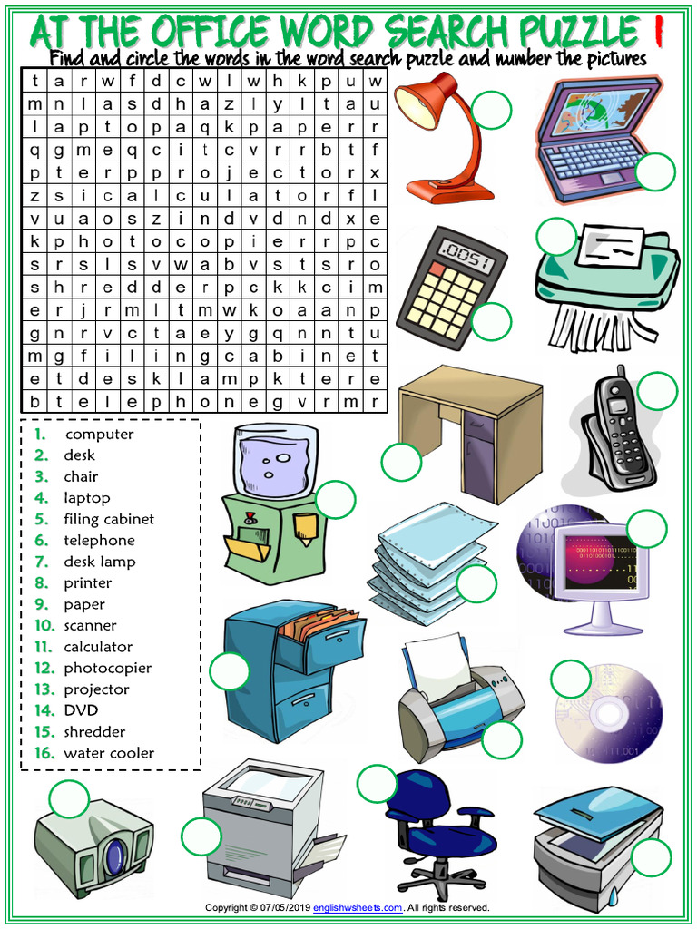 Office Objects Vocabulary Esl Word Search Puzzle Worksheets for Kids | PDF