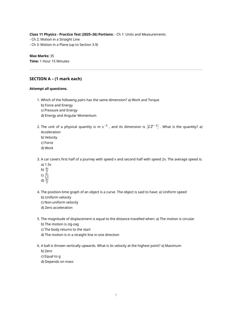 Physics Unit Test | PDF | Velocity | Acceleration
