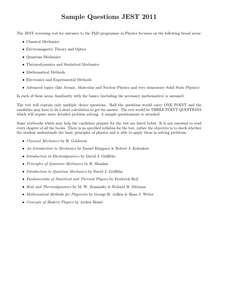 Jest Physics Sample Question Paper | Download Free PDF | Quantum Mechanics | Physics