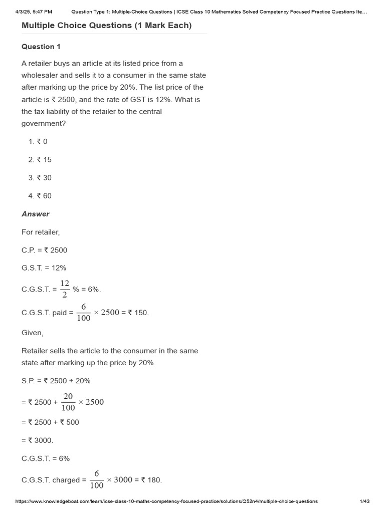 Question Type 1_ Multiple-Choice Questions _ ICSE Class 10 Mathematics ...