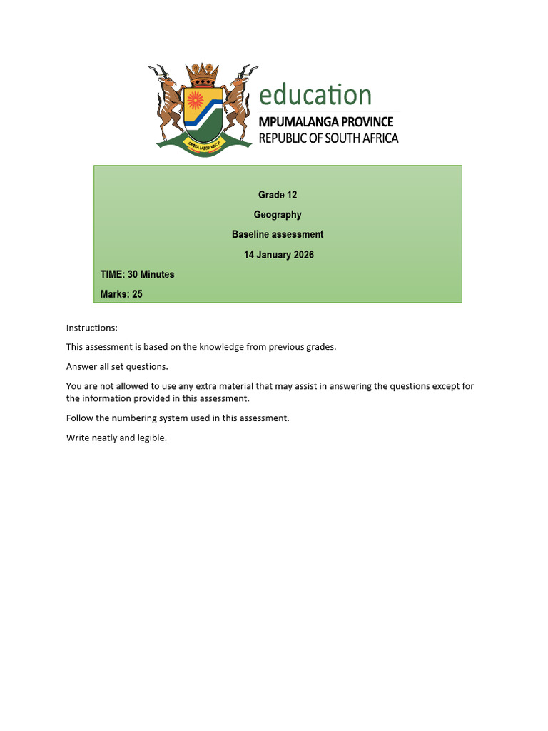 Grade 12 Geography Baseline Assesment 2026 | PDF | Atmospheric ...