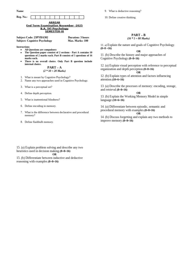Arrear Paper Cognitive Psychology Sem 3 2023 | PDF | Cognition | Memory