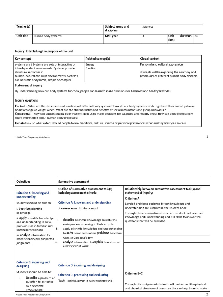 MYP 3 Sciences Unit Plan 6 2020-2021 | PDF | System | Science