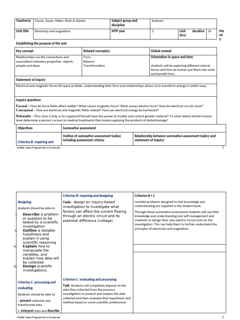 MYP 3 Sciences Unit Plan 4 2020-2021 | PDF | Critical Thinking ...