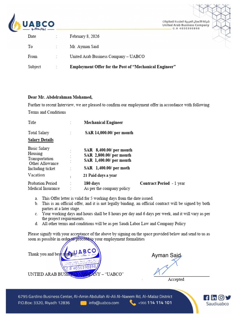 Signed Job Offer - Ayman Said - Mechanical Engineer | PDF