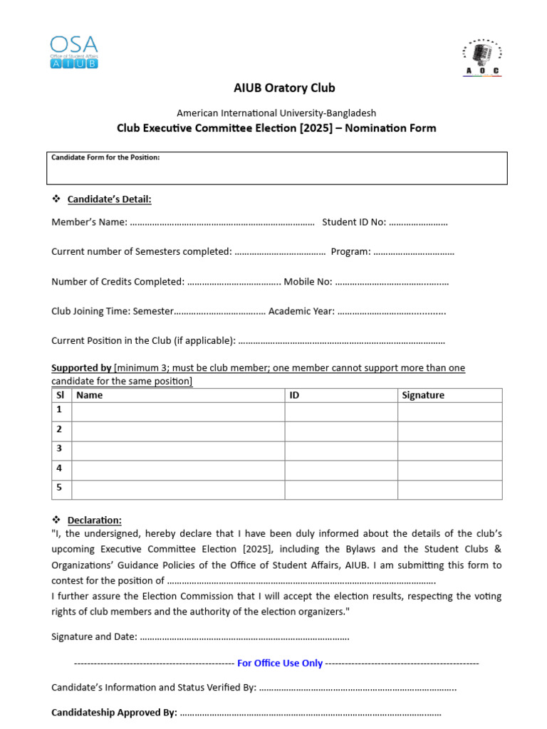 Candidate Form Executive Committe Election | PDF