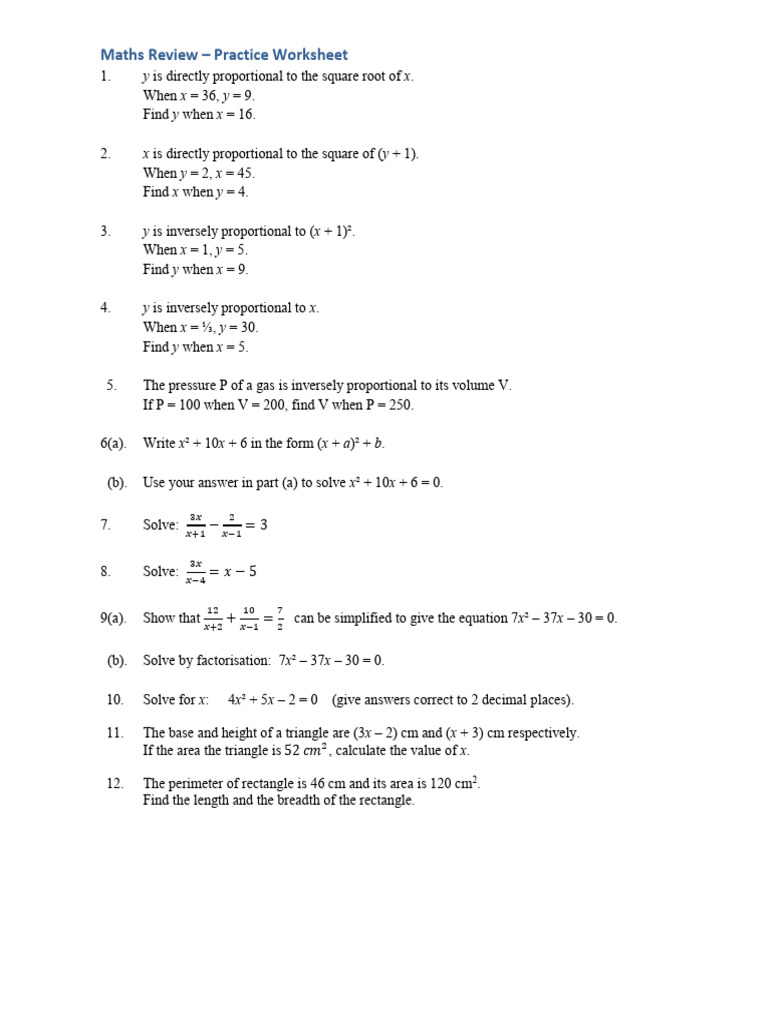 Maths Review Practice Worksheet | PDF