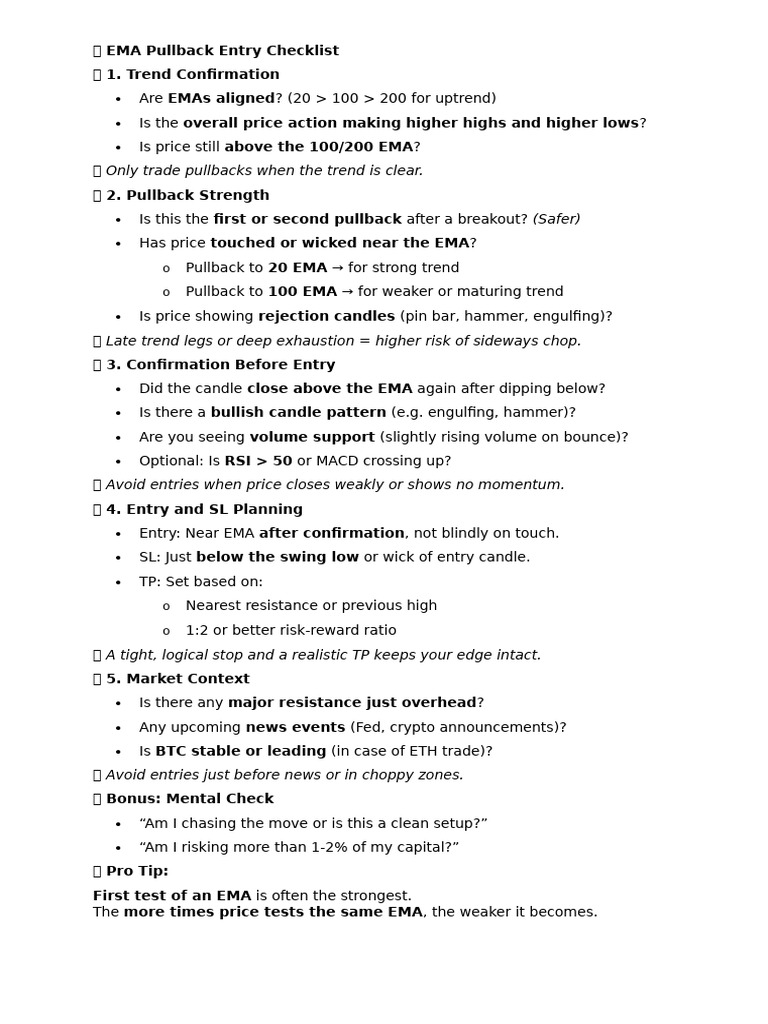 EMA Pullback Entry Checklist | PDF