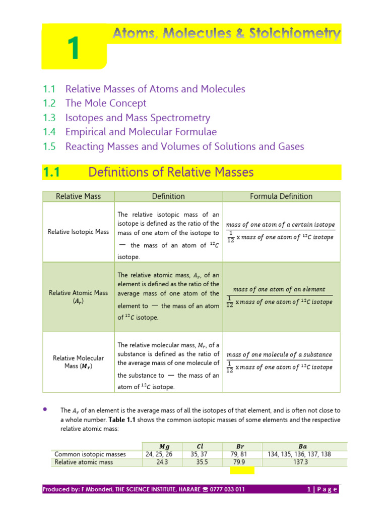 1 Atoms , Molecules and Stoichiometry Untitled | PDF | Mole (Unit ...