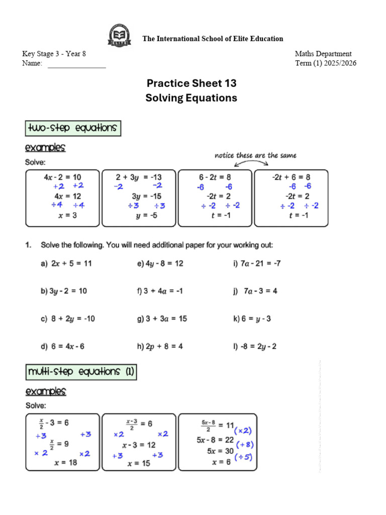Practice Sheet 13 Solving Linear Equations | PDF