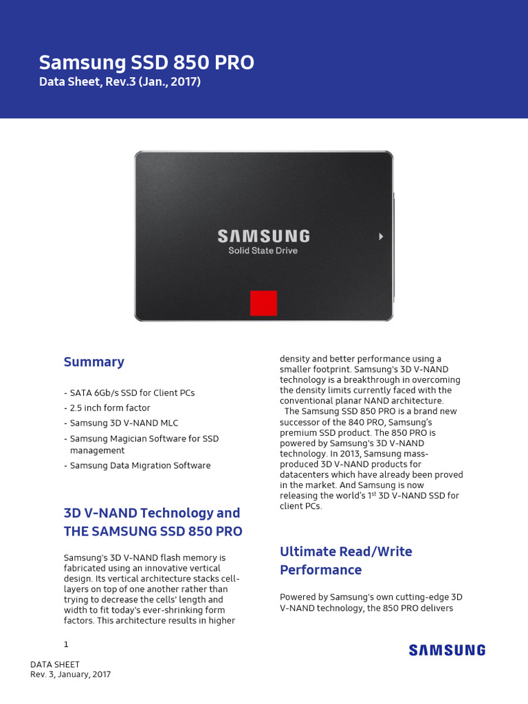 Samsung SSD 850 PRO Data Sheet Rev 3 | PDF | Flash Memory | Solid State ...