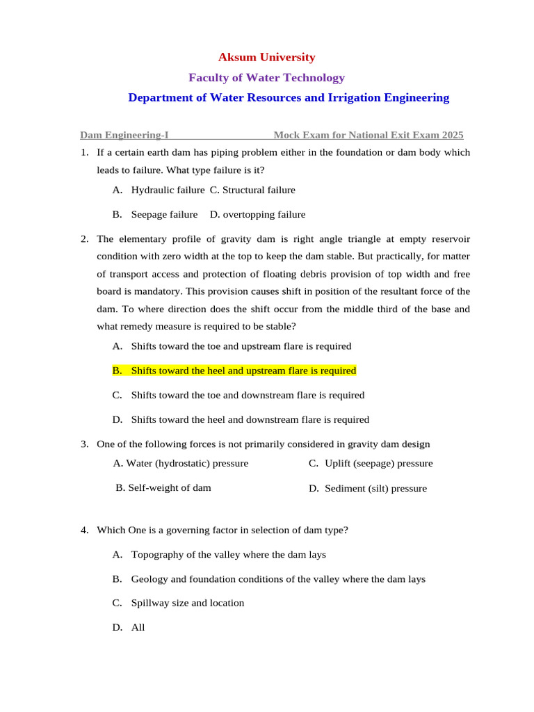 DE - I Mock Exam - 2025 Student | PDF | Dam | Spillway