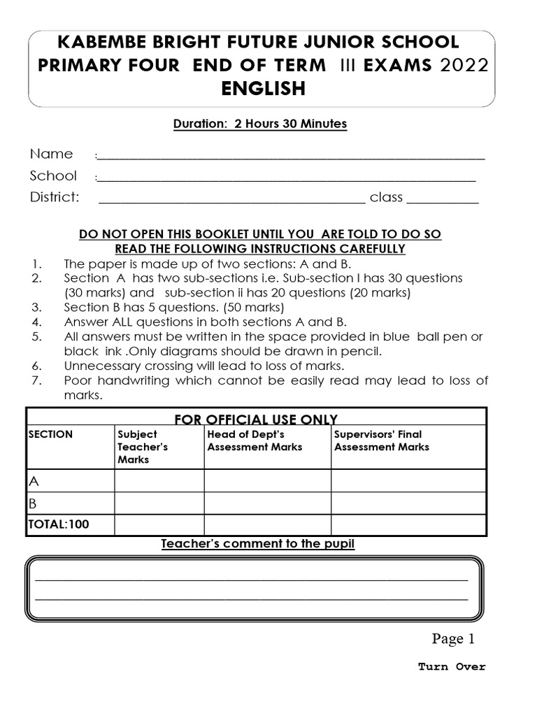 Primary Four English Past Paper | PDF