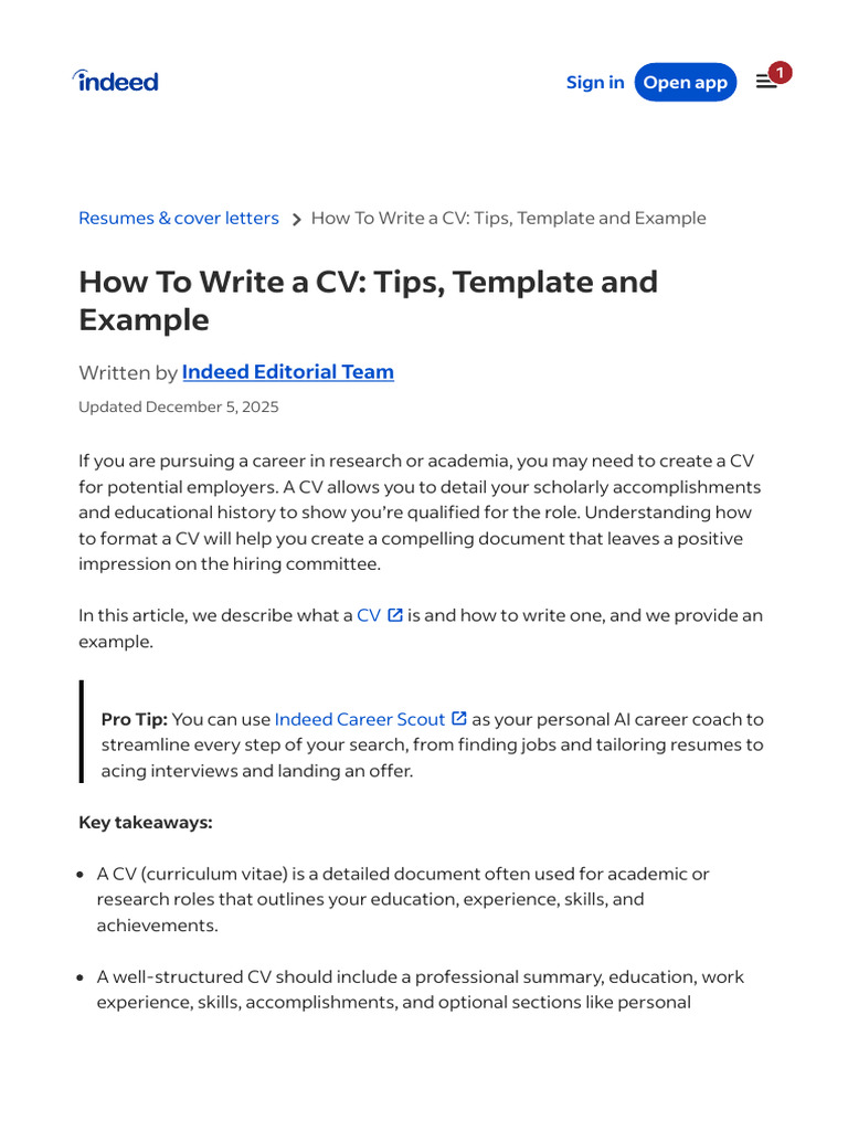 How to Write a CV- Tips, Template and Example | Indeed.com | PDF | Résumé