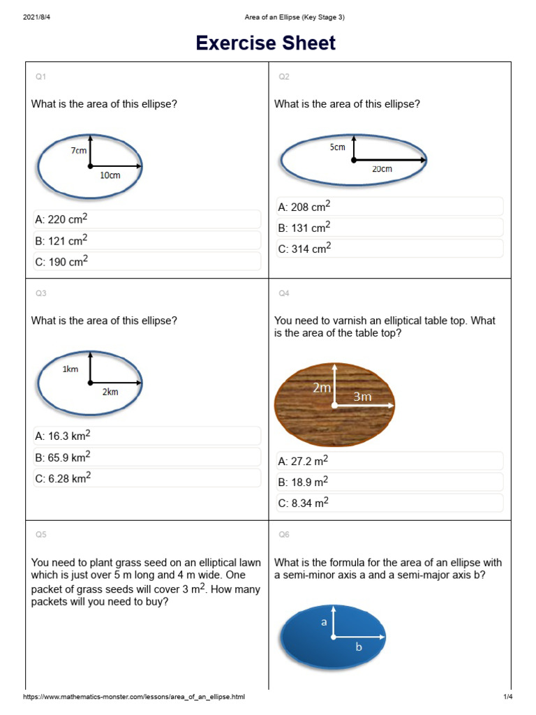 Area of An Ellipse (Key Stage 3) | PDF | Area | Ellipse