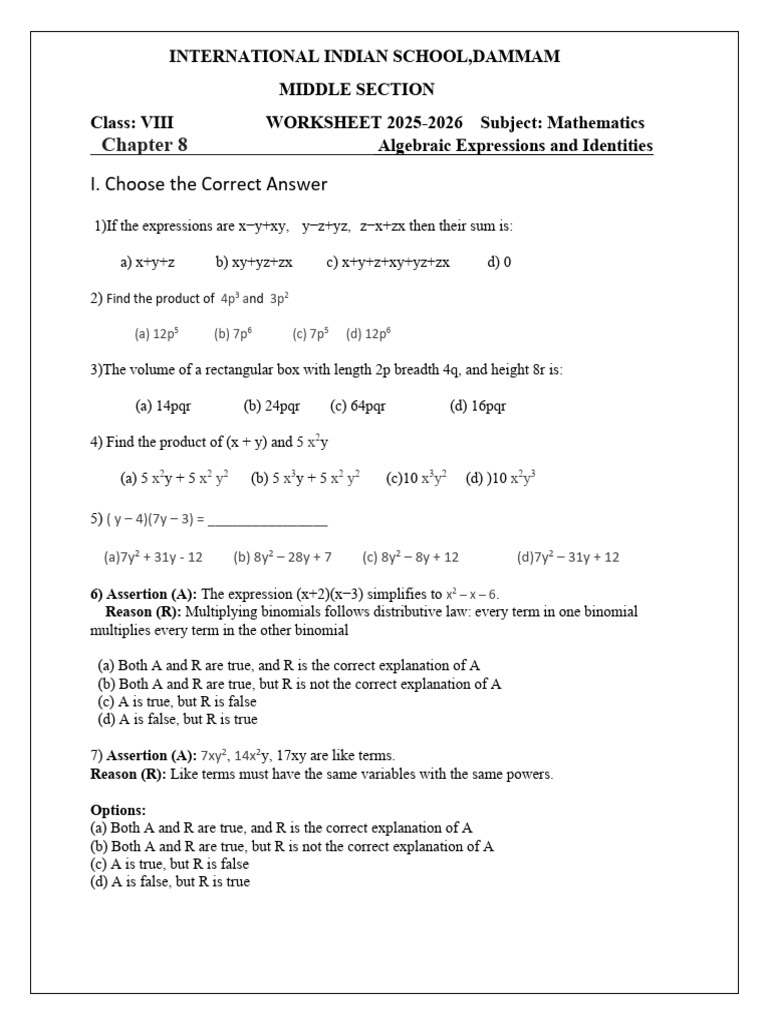 Class 8 Ch-8 Algebraic Expressions and Identities Worksheet | PDF
