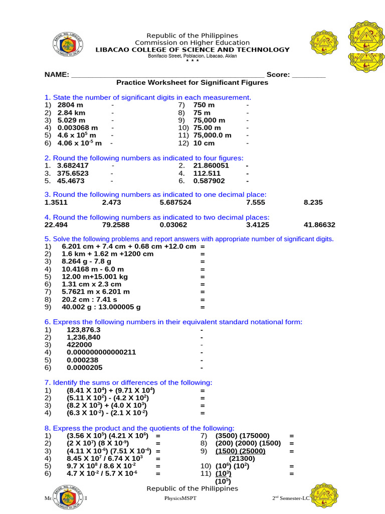 Sept - 28 - Worksheet On Sig Fig | PDF | Physics | Significant Figures