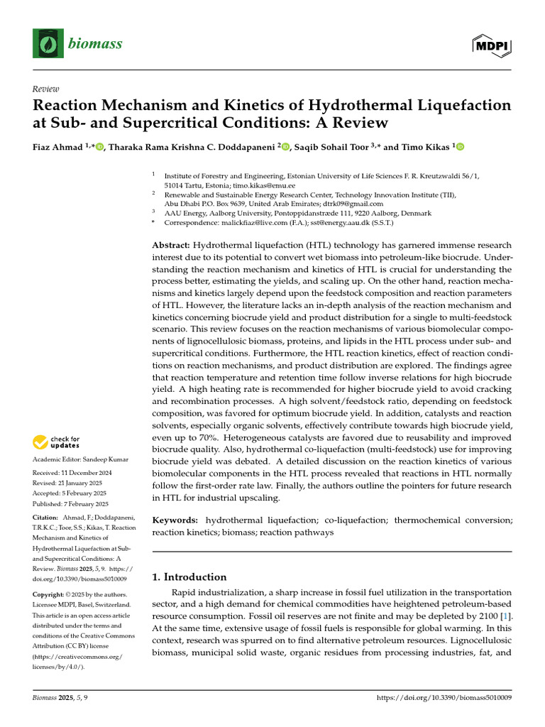 Reaction Mechanism and Kinetics of Hydrothermal Liquefaction (Ahmad Et ...