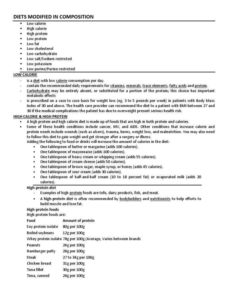 Dietary Modifications for Health Conditions: Guidelines for Low Calorie ...