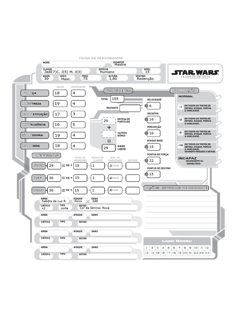 Star Wars RPG Edicao Saga Ficha de Personagem Braxen Yul | PDF
