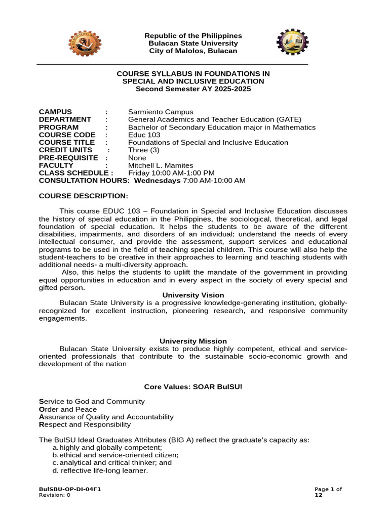 Educ 103 Syllabus AY 2024 2025 | PDF | Learning | Special Education