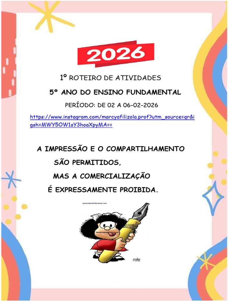 5º Ano 1º Roteiro Semanal de 04 02 A 06 02 2026 Marcya Filizola | PDF ...