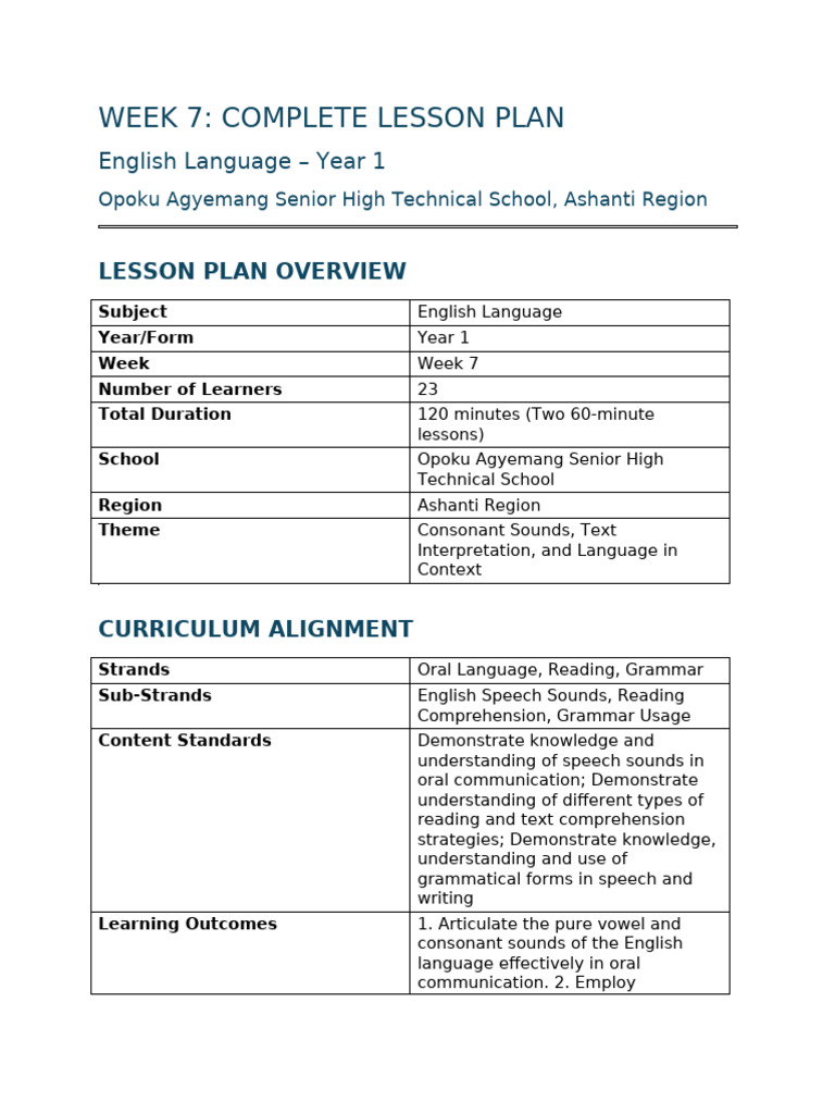 Week 7 Complete Lesson Plan English Language Year 1 Final | PDF ...