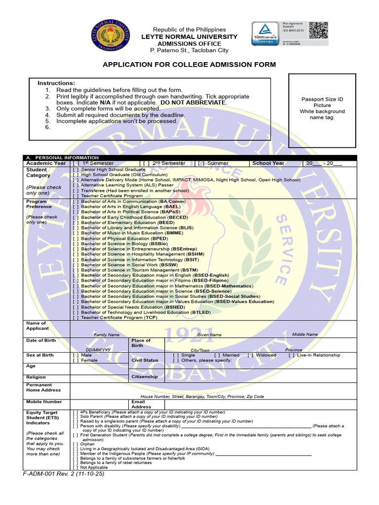 F ADM 001 Rev.2!11!10 2023 Application for Admission Form and Data ...
