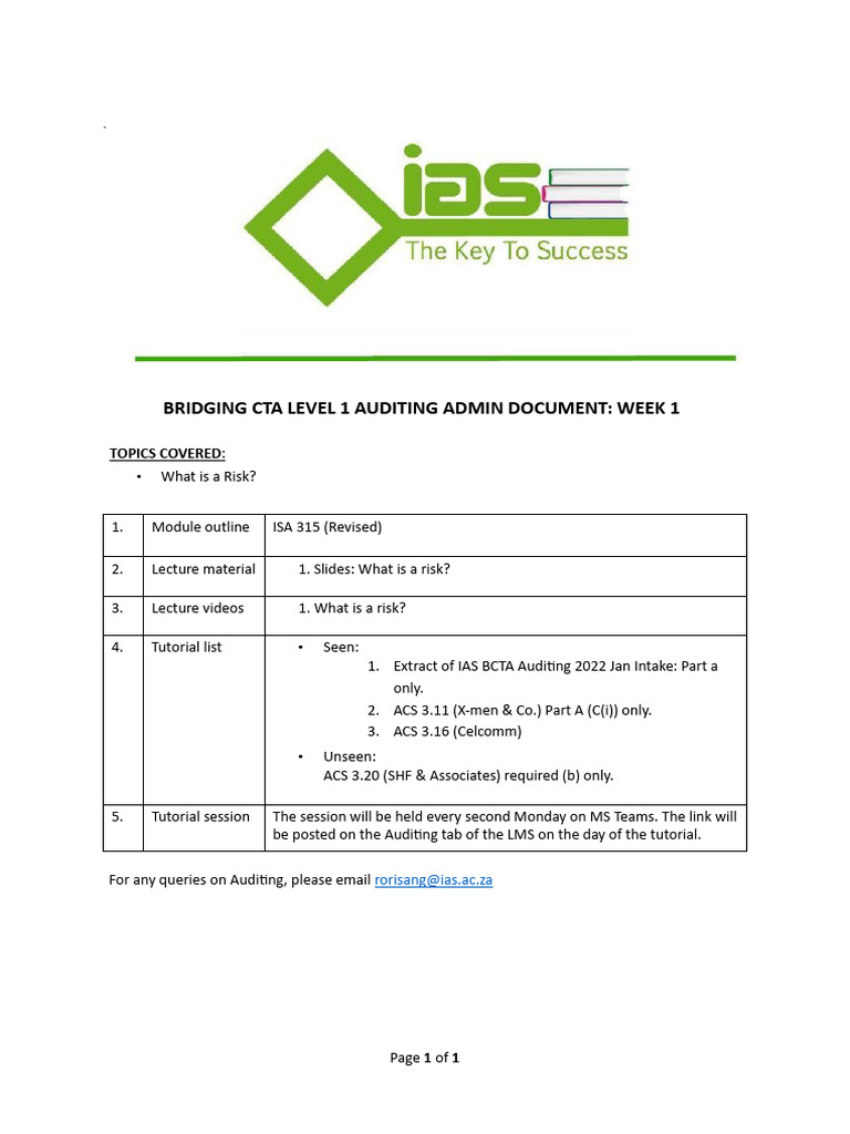 BCTA Level 1 Week 1 What is a Risk Admin Document 1 | PDF