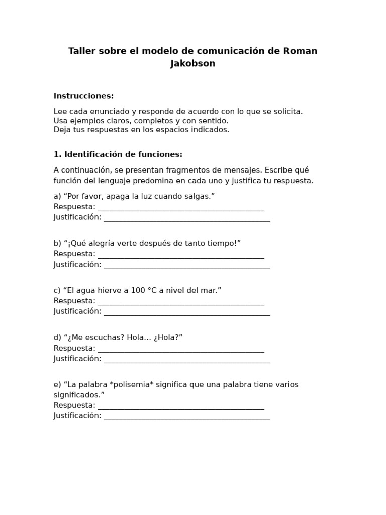 Taller sobre el modelo de comunicación de Roman Jakobson | PDF ...