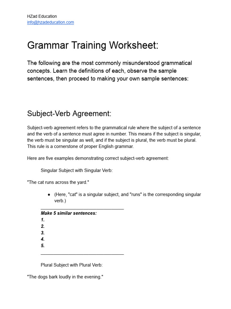 Grammar Training Worksheet | PDF | Grammatical Number | Subject (Grammar)