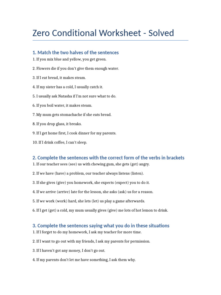Zero Conditional Worksheet Solved | PDF
