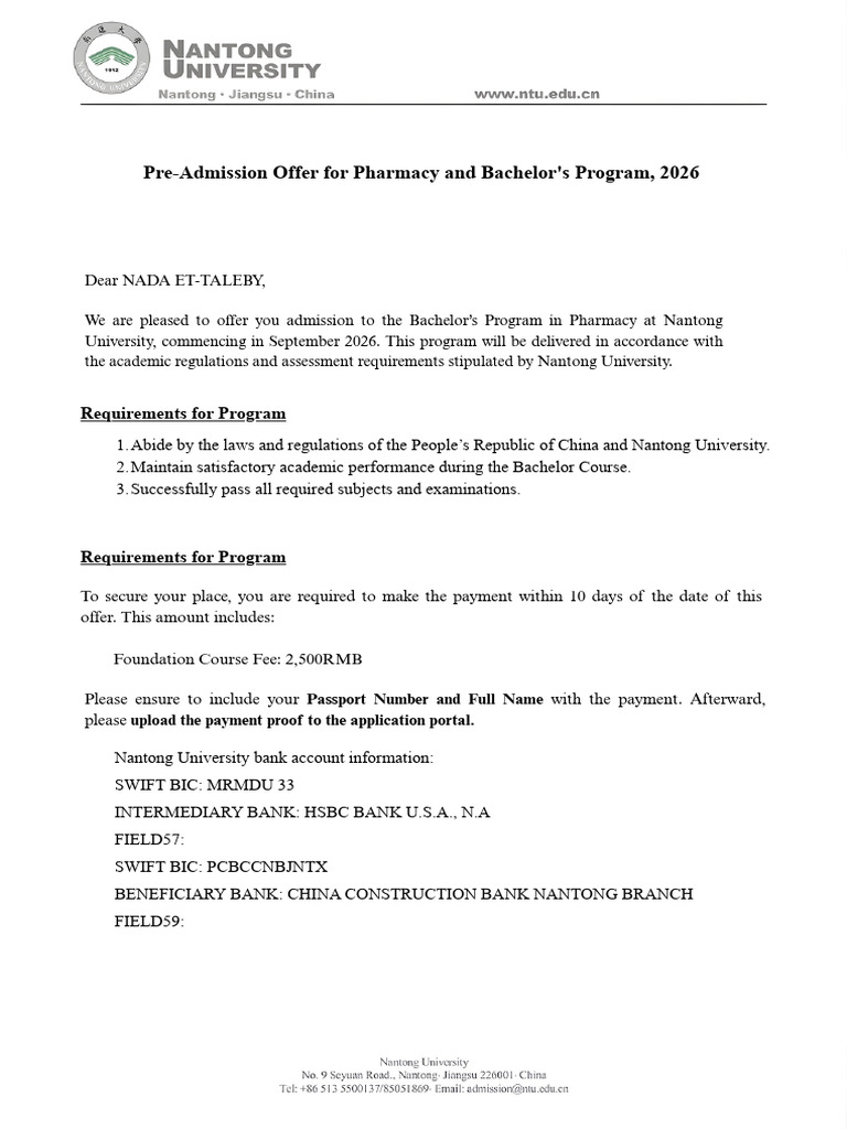 Pre-Admission Offer Nada Et-Taleby | PDF