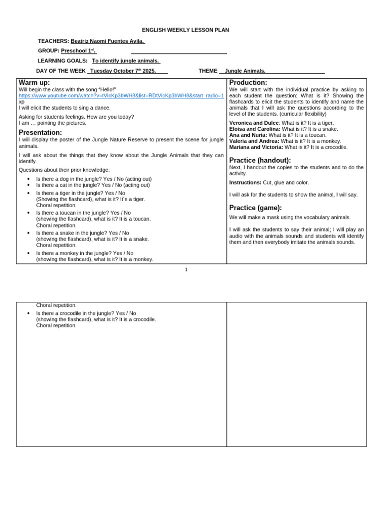 Lesson Plan. Jungle Animals | PDF | Learning Methods | Learning