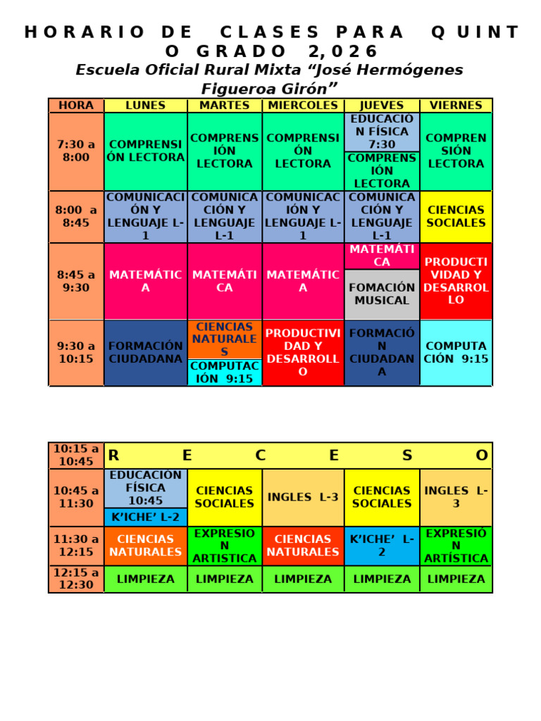 Horario de Clases Quinto 2026 | PDF